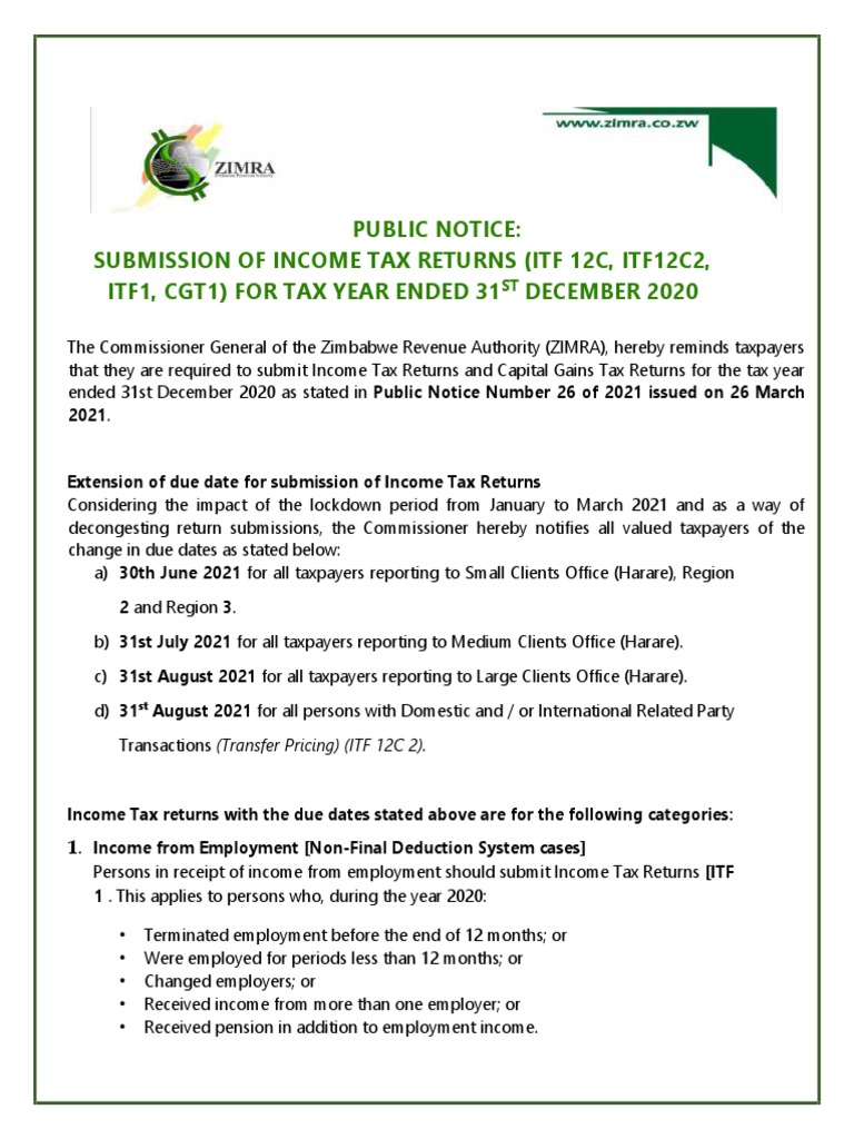 Public Notice: Submission of Income Tax Returns (Itf 12C, Itf12C2, Itf1 ...