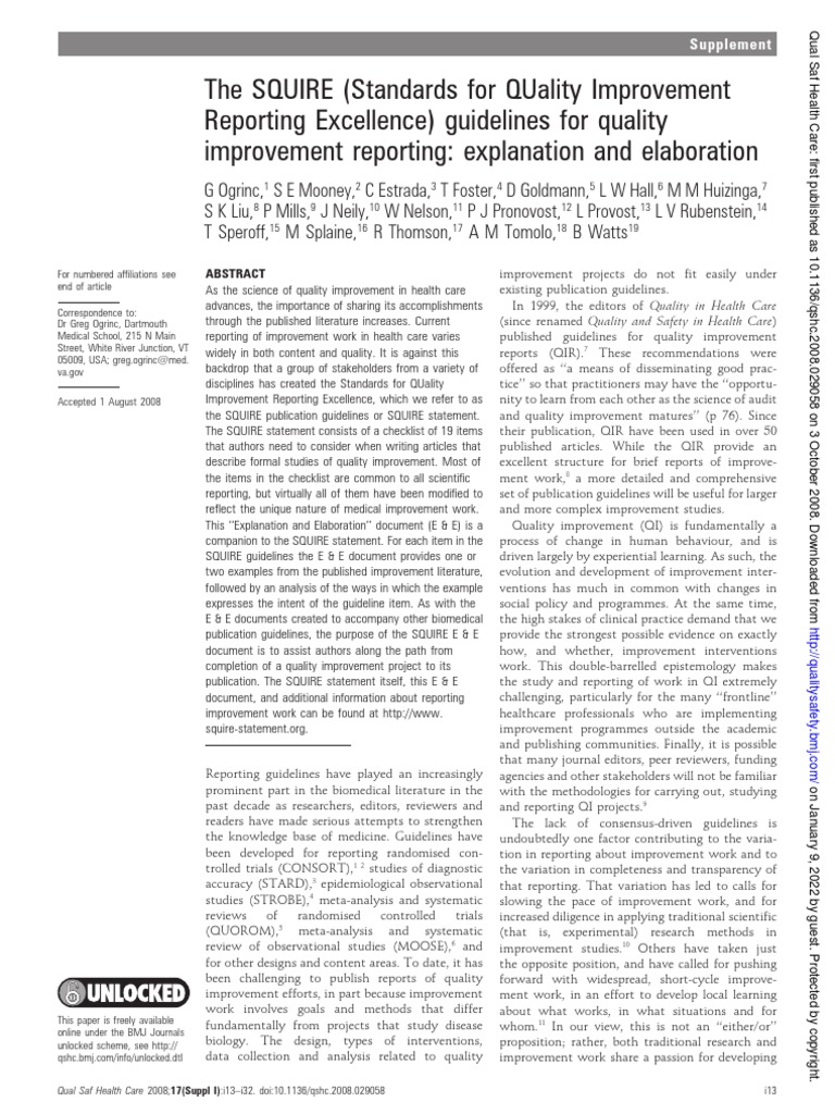 The SQUIRE (Standards For QUality Improvement Reporting Excellence ...