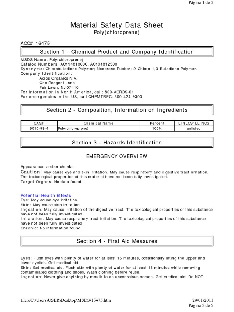Material Safety Data Sheet: Poly (Chloroprene) | PDF | Personal ...