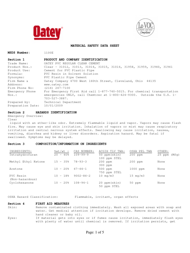 Oatey PVC Regular Clear Cement | Download Free PDF | Volatile Organic ...
