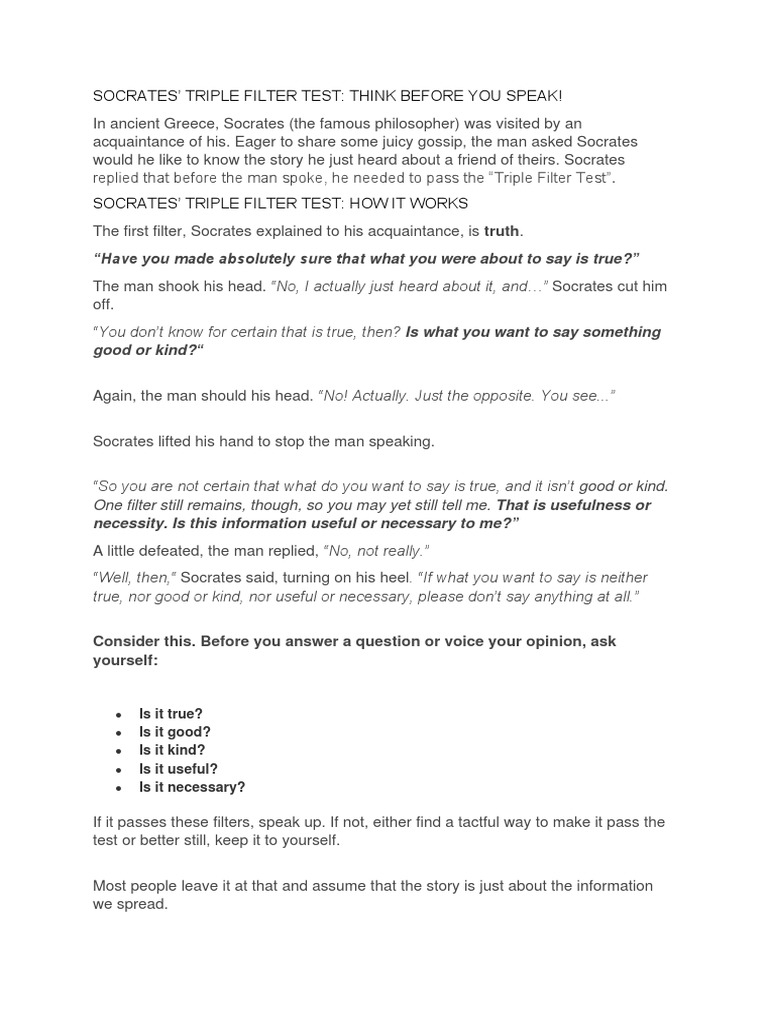 Socrates' Triple Filter Test: Think Before You Speak! | PDF