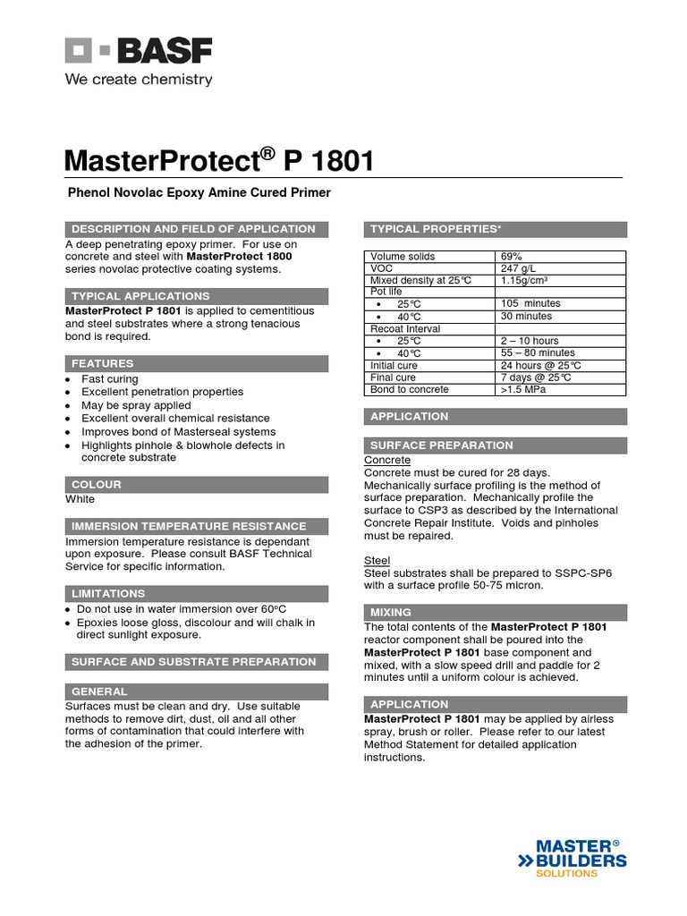 Masterprotect P 1801: Phenol Novolac Epoxy Amine Cured Primer | PDF ...