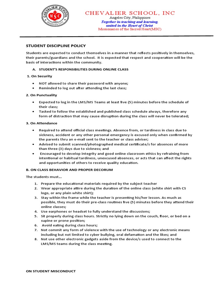 Chevalier School, Inc: Student Discipline Policy | PDF | Bullying ...