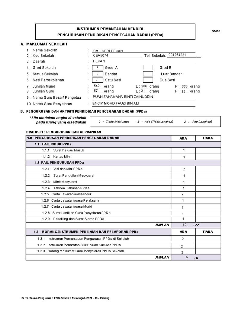 Instrumen Pemantauan Kendiri PPDa 2021 - Sekolah Menengah - 1 | PDF