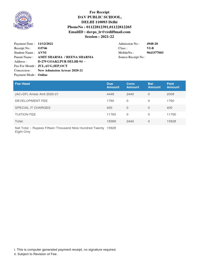 Fee Receipt Dav Public School, Delhi 110093 Delhi Phoneno: 01122812391 ...