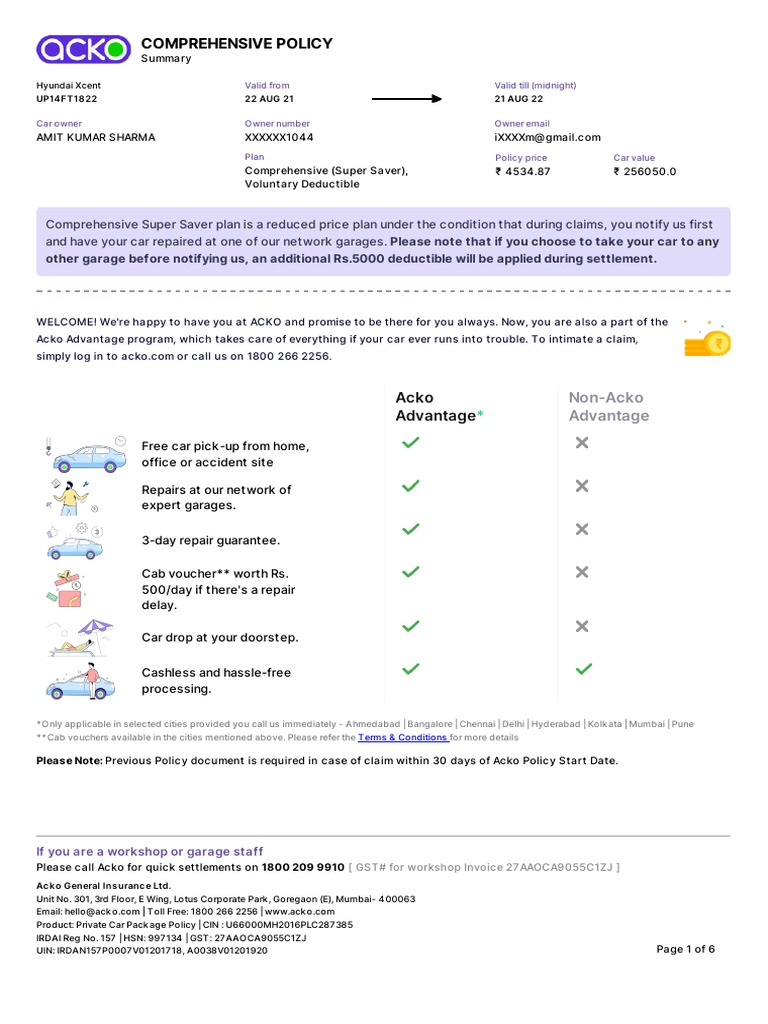 Acko Car Policy - DCAR00417270934 - 00 | Download Free PDF | Insurance ...