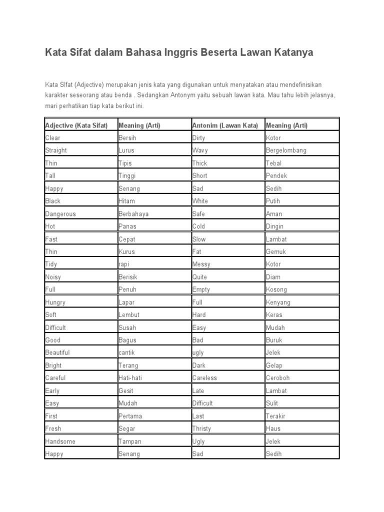 Kata Sifat Dalam Bahasa Inggris Beserta Lawan Katanya | PDF