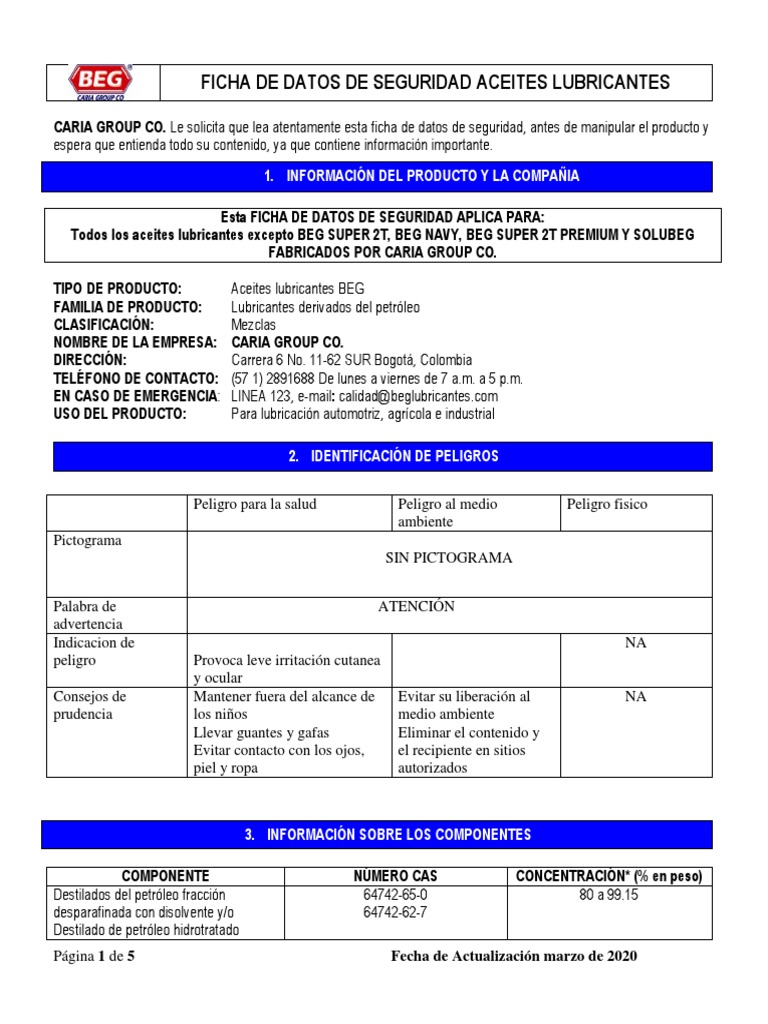 Hoja-Seguridad-Aceites-Lubricantes | PDF | Agua | Combustión