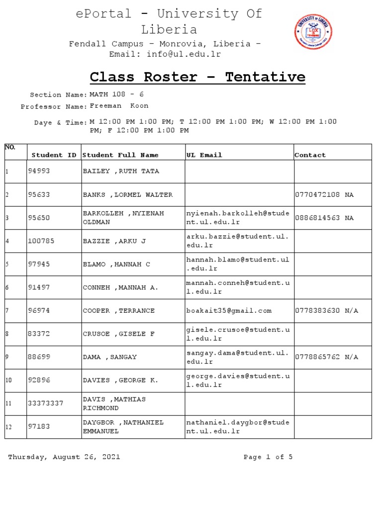 Math 108 Class Roster | PDF