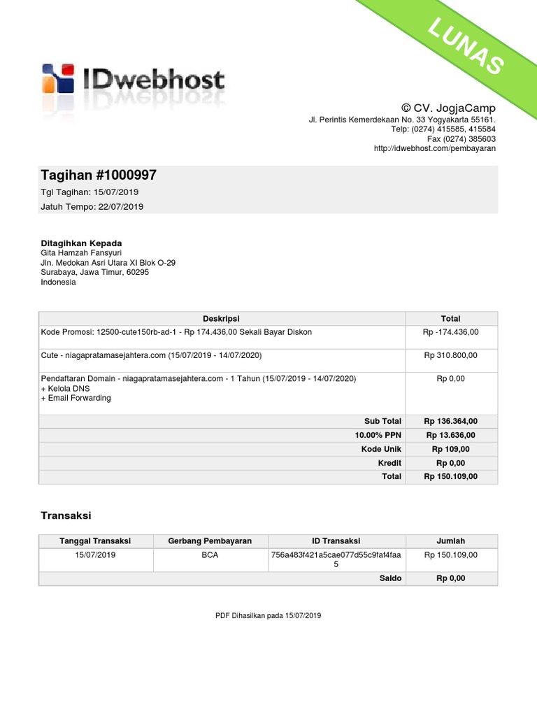 Invoice Pembelian Domain Hosting NiagaPratamaSejahtera | PDF