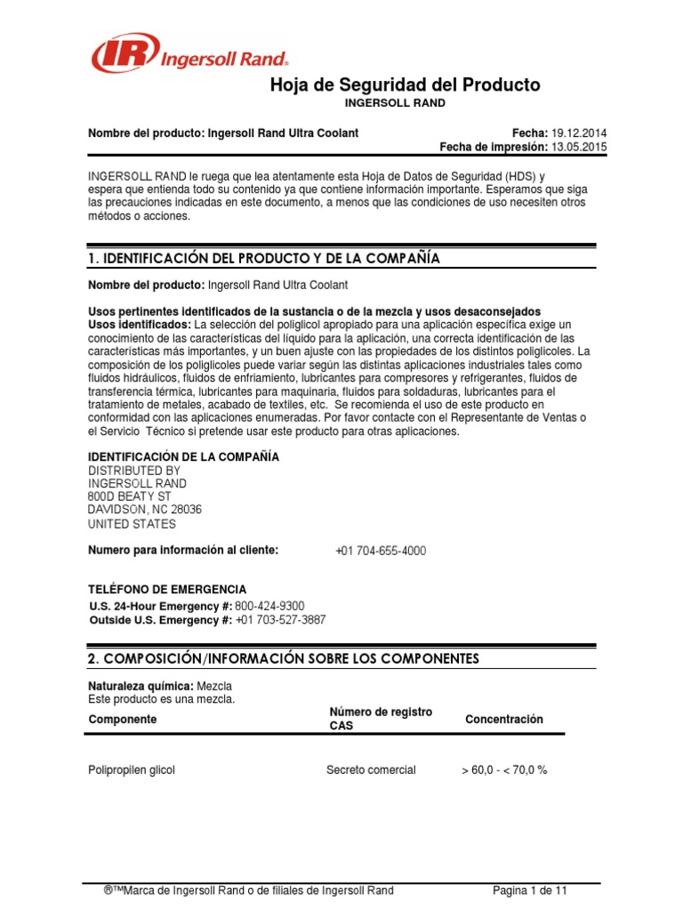US Spanish SDS Ingersoll Rand Ultra Coolant | PDF | Toxicidad | Agua