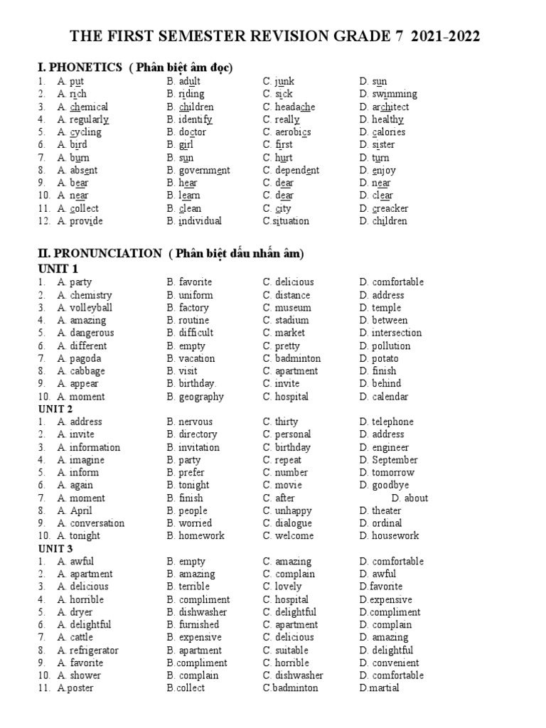 The First Semester Revision Grade 7 2021-2022: I. PHONETICS (Phân Biê ...