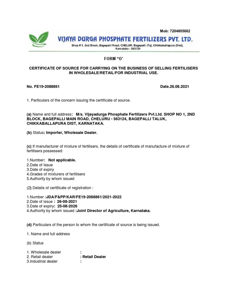 FORM O - Retail | PDF | Fertilizer