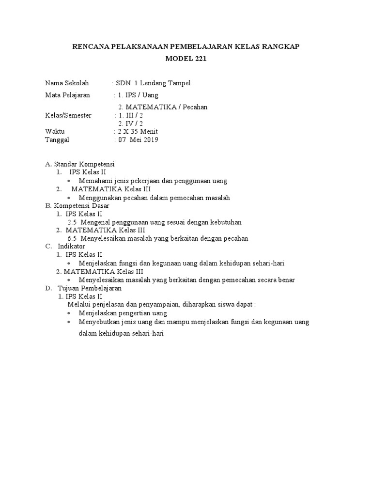 RPP Kelas Rangkap Model 221 SD | PDF