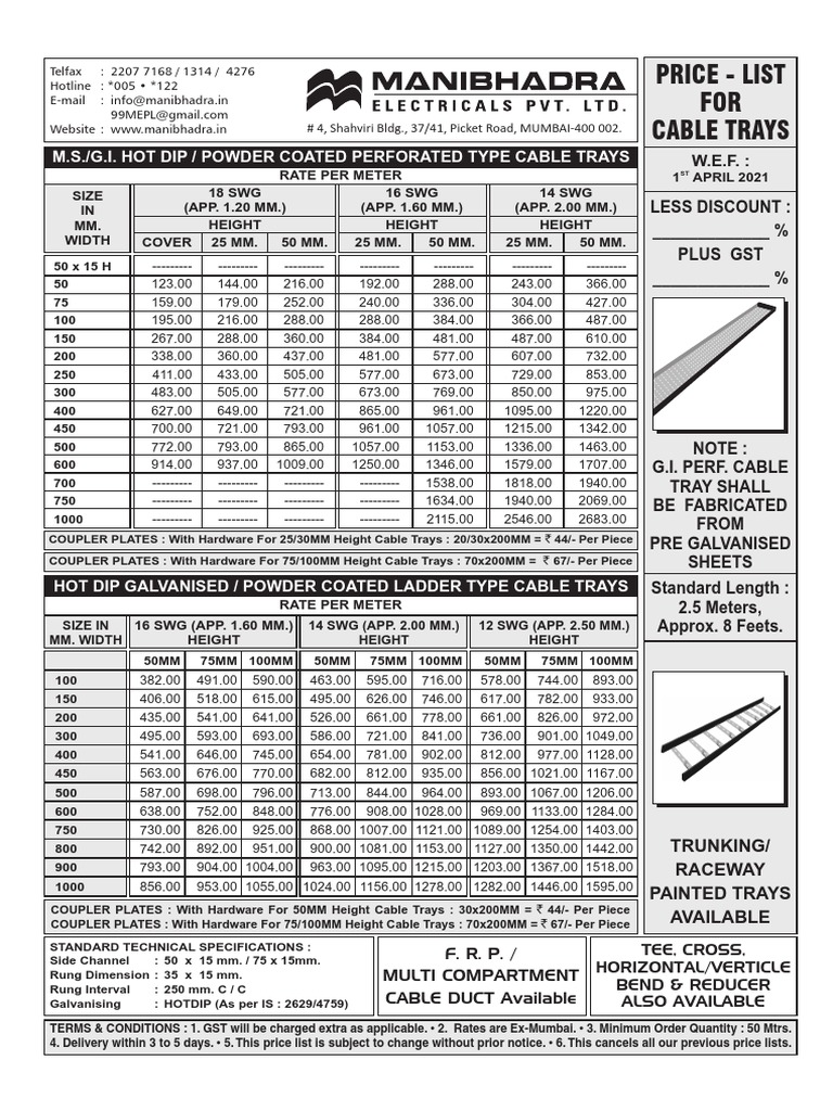 Cable Tray Price List - 2021 | PDF | Manufactured Goods | Equipment