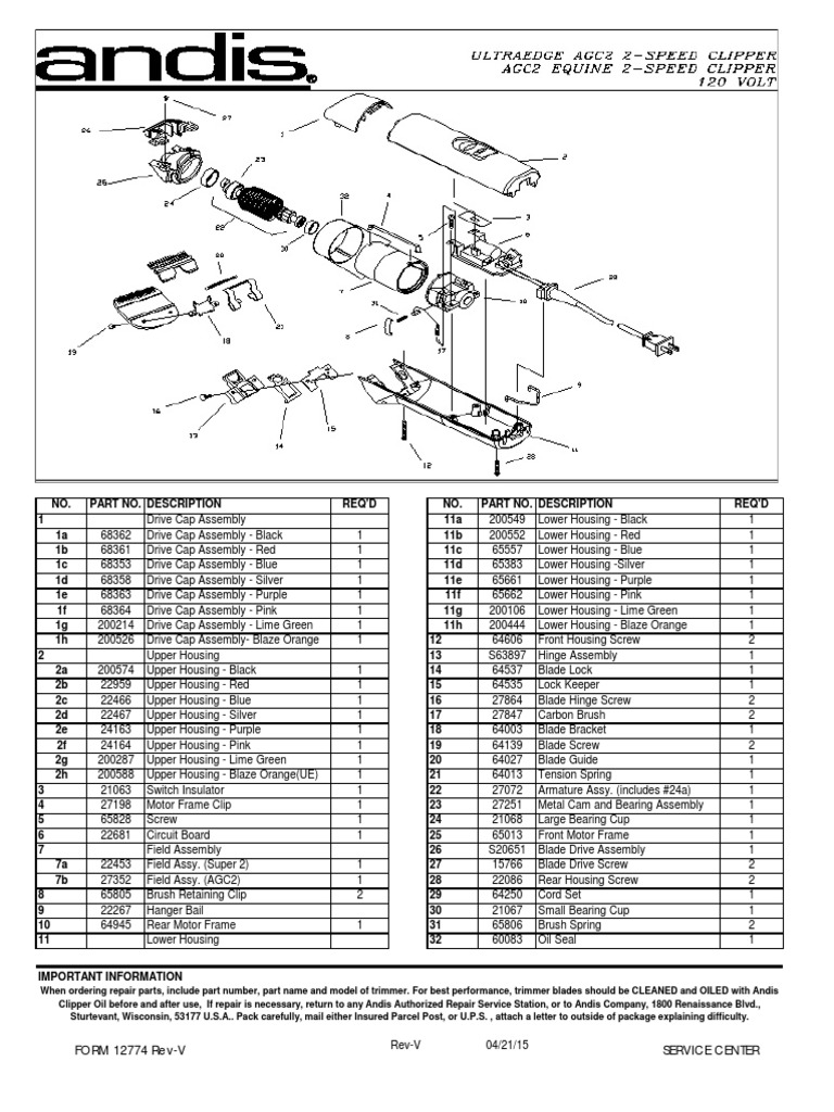 Andis AGC2 Parts List | PDF | Automotive Industry | Wheeled Vehicles