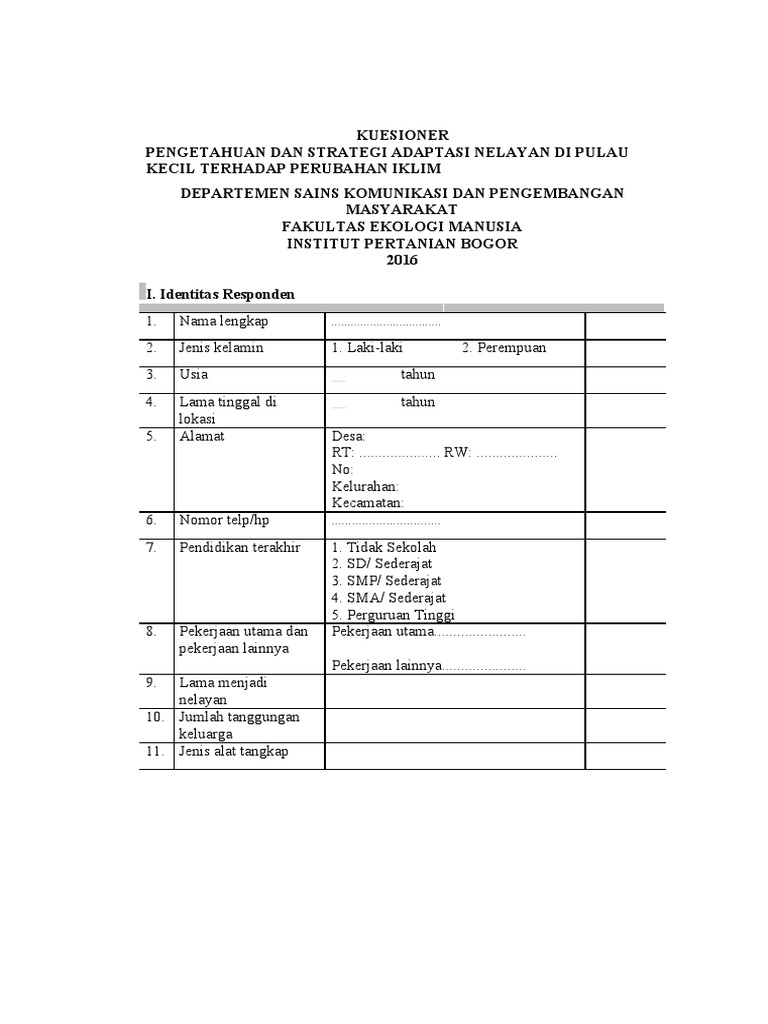 Kuisioner Pengetahuan Dan Strategi Adaptasi Nelayan Di Pulau Kecil ... Kuisioner Pengetahuan Dan Strategi Adaptasi Nelayan Di Pulau Kecil ...