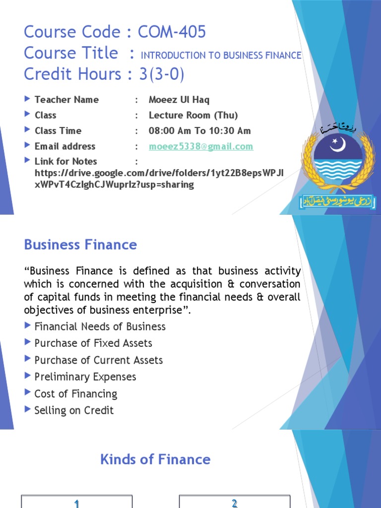 Course Code: COM-405 Course Title: Credit Hours: 3 (3-0) : Introduction ...