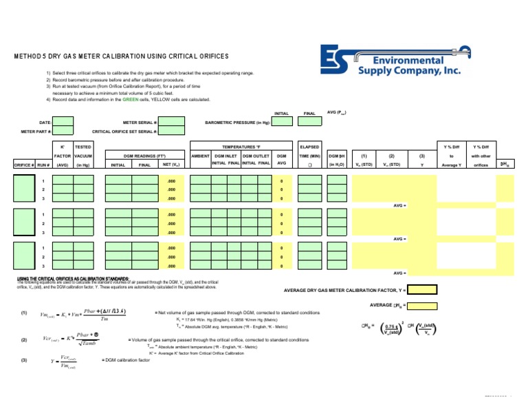 Method 5 Dry Gas Meter Calibration Using Critical Orifices: Green | PDF ...