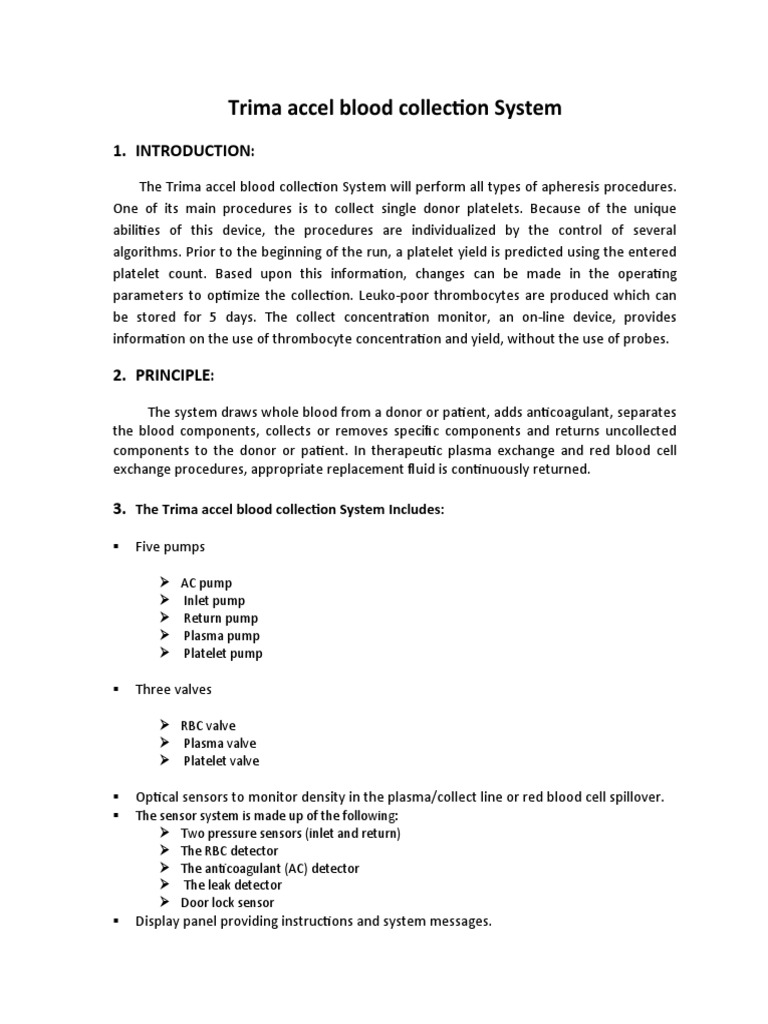 Trima Accel Blood Collection System | PDF | Platelet | Blood Donation