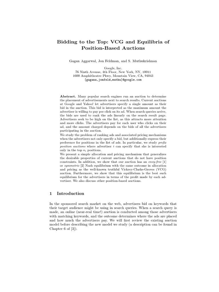 Bidding To The Top: VCG and Equilibria of Position-Based Auctions | PDF ...