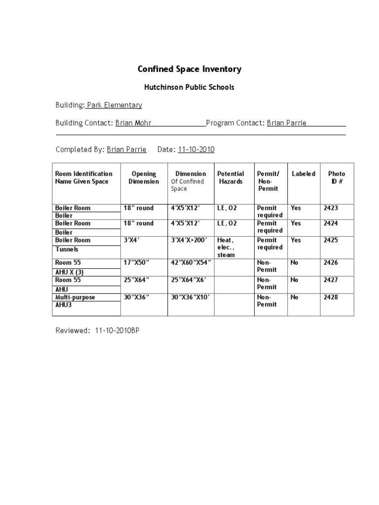 Confined Space Inventory for Park Elementary | PDF | Home & Garden