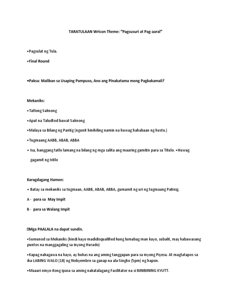 TARATULAAN Wricon Theme: "Pagsusuri at Pag-Aaral" | PDF