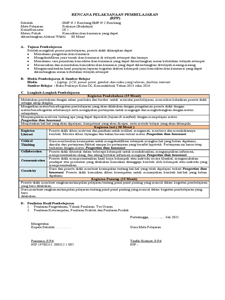 RPP Full Prakarya Kelas 9 | PDF