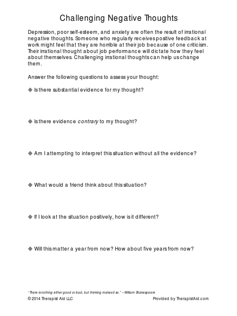 Challenging Negative Thoughts: Answer The Following Questions To Assess ...