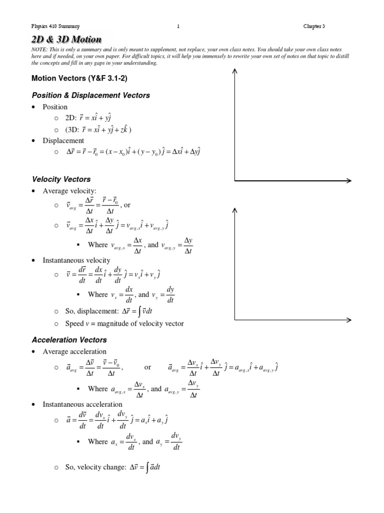 2D & 3D Motion Summary for Physics 410 | PDF | Velocity | Acceleration