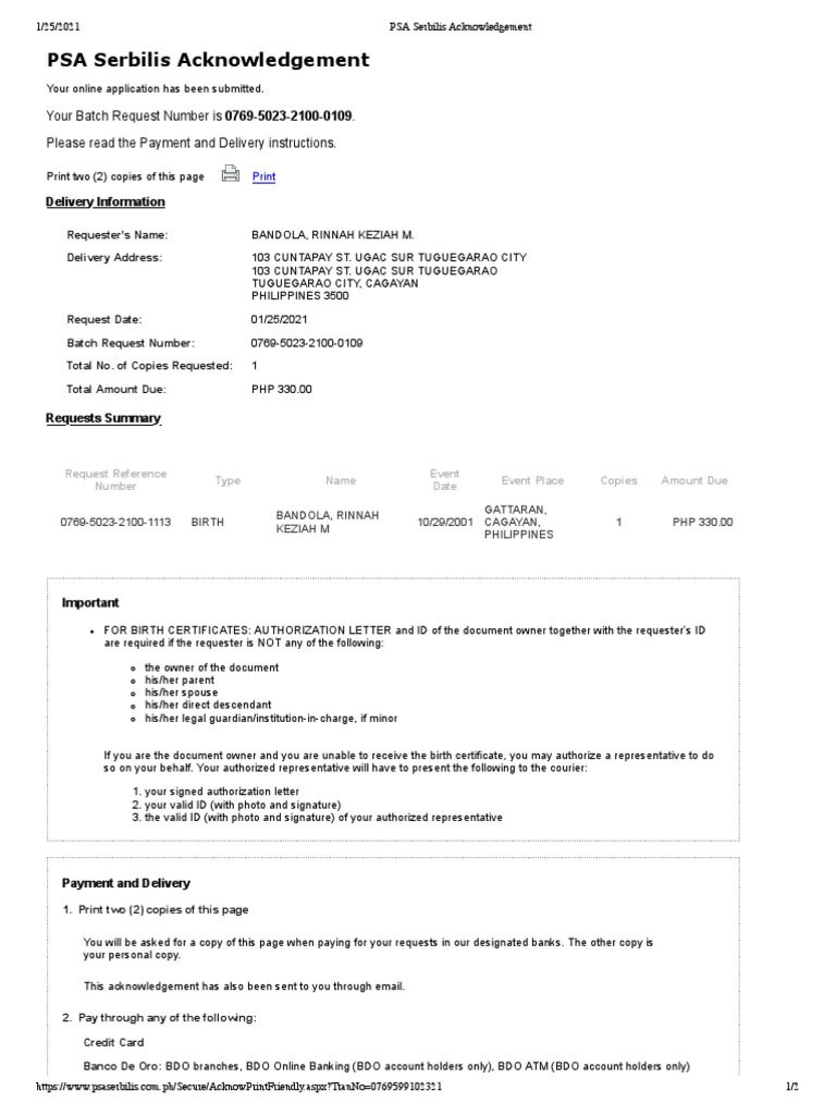 PSA Serbilis Acknowledgement Receipt | PDF | Banking