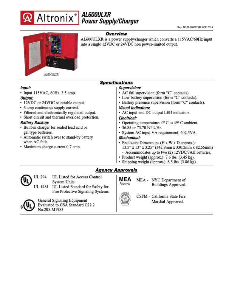 ALTRONIX AL600ULXR DataSheet | PDF | Power Supply | Battery Charger