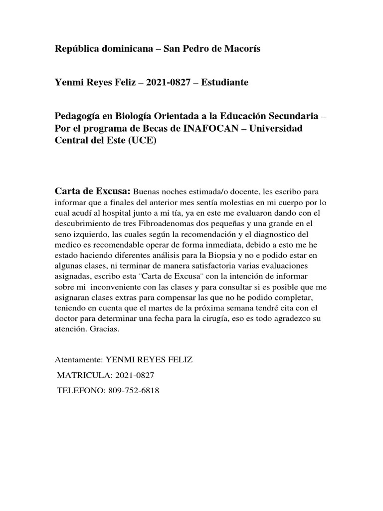 Carta de Excusa. | PDF