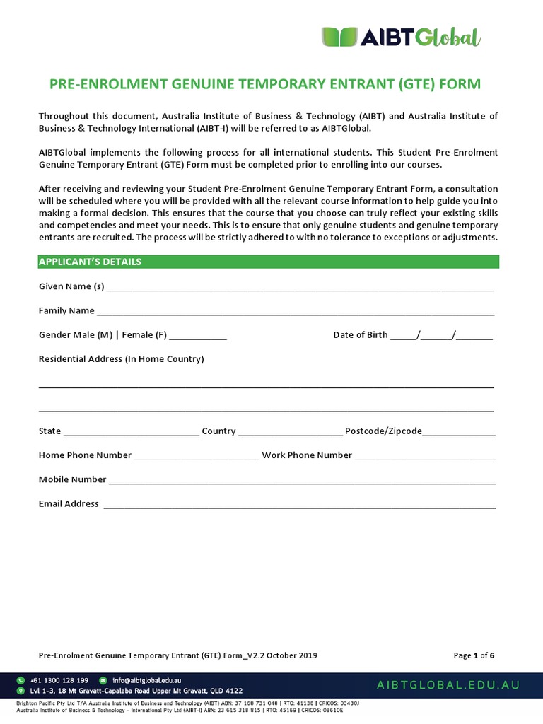 Pre-Enrolment Genuine Temporary Entrant (Gte) Form: Applicant'S Details ...