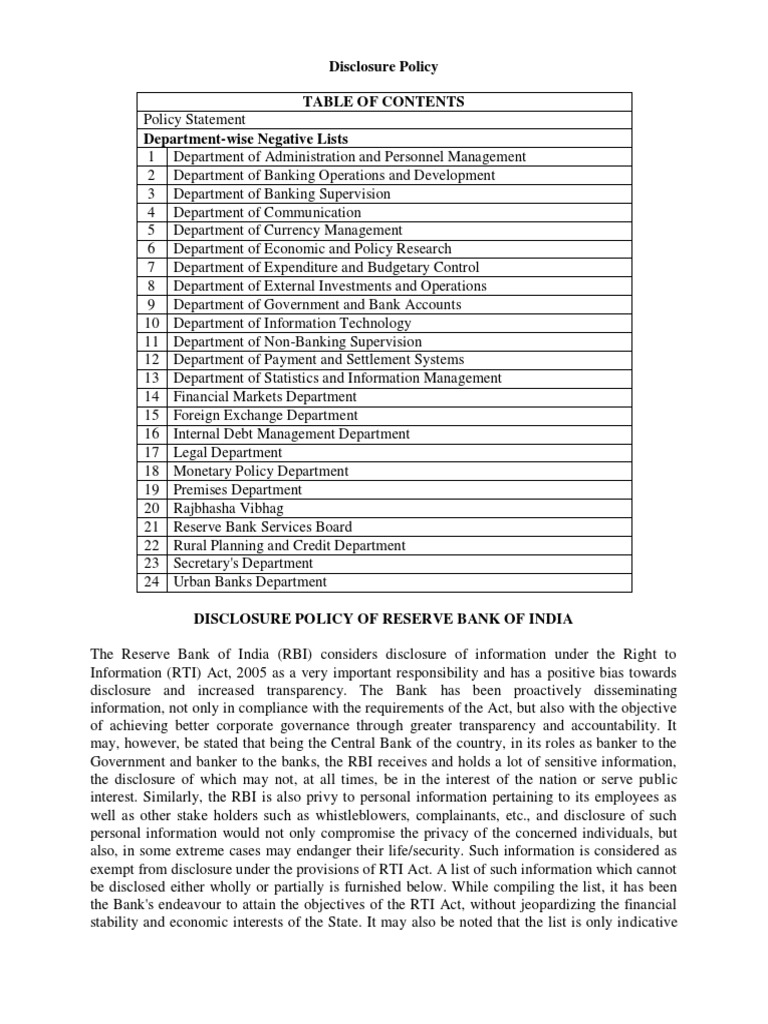 Disclosure Policy Department-Wise Negative Lists | PDF | Reserve Bank Of India | Banks