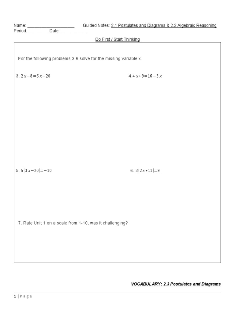 Algebraic Reasoning & Postulates Guide | PDF | Line (Geometry) | Plane ...
