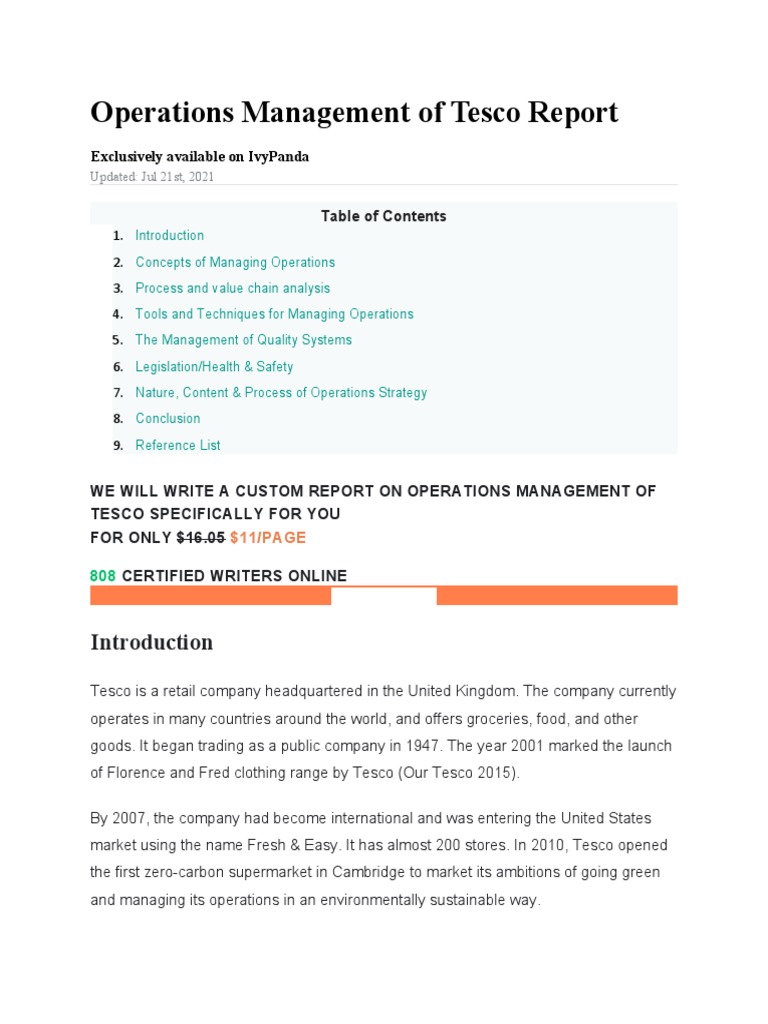 Operations Management of Tesco Report: Exclusively Available On ...