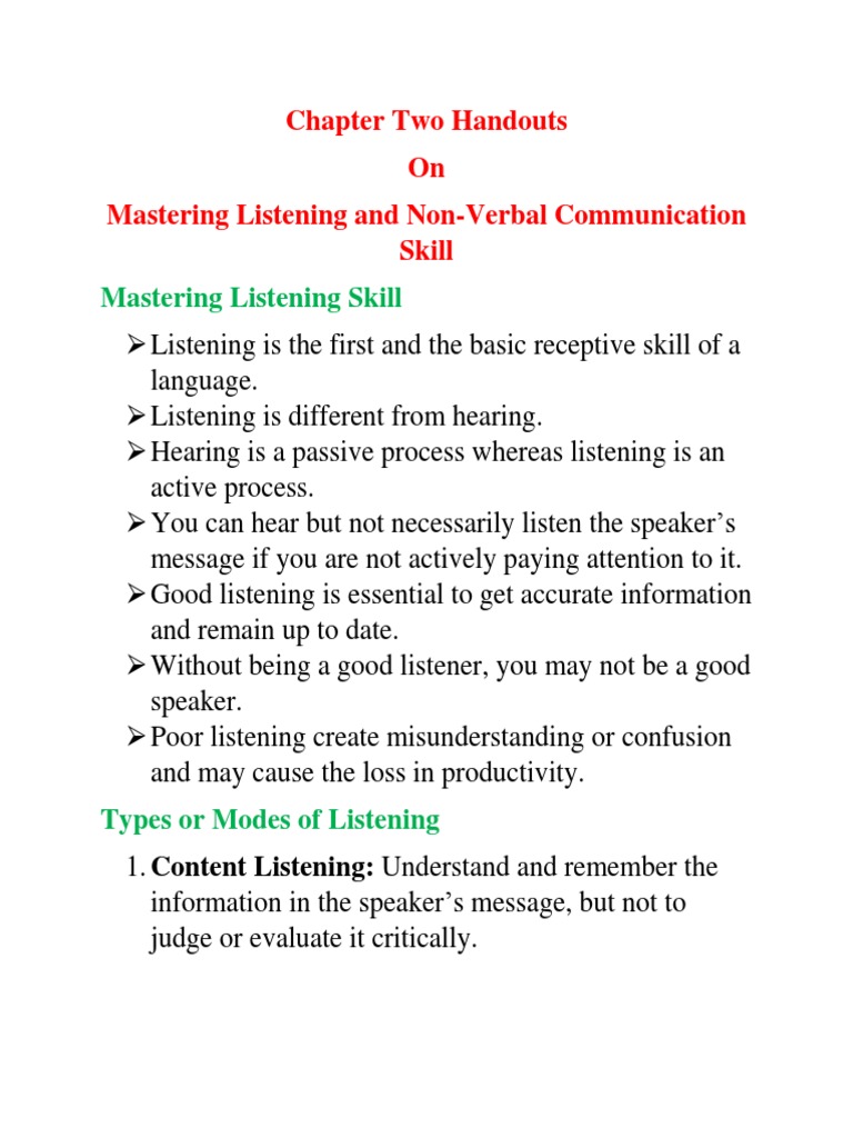 Chapter 2 Handouts - Mastering Listening and Non Verbal Communication ...