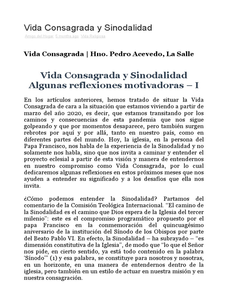 Vida Consagrada y Sinodalidad | PDF | Sínodo | Iglesia Católica