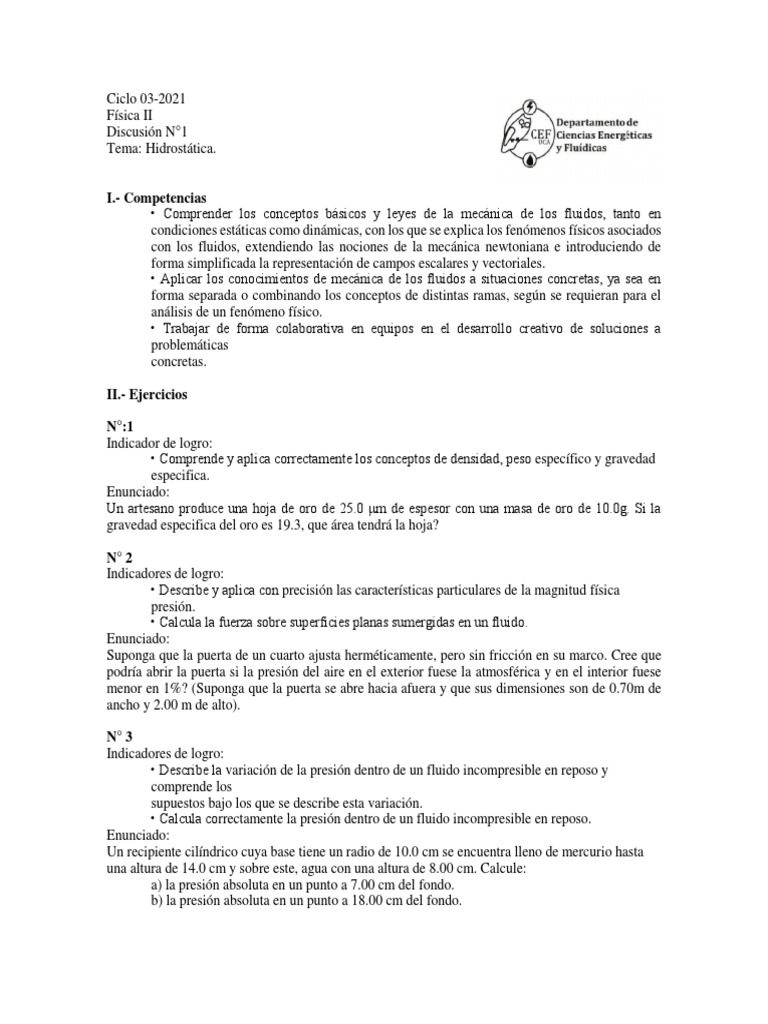 Guía de Discusión N°1 | PDF | Presión | Física Aplicada e ...
