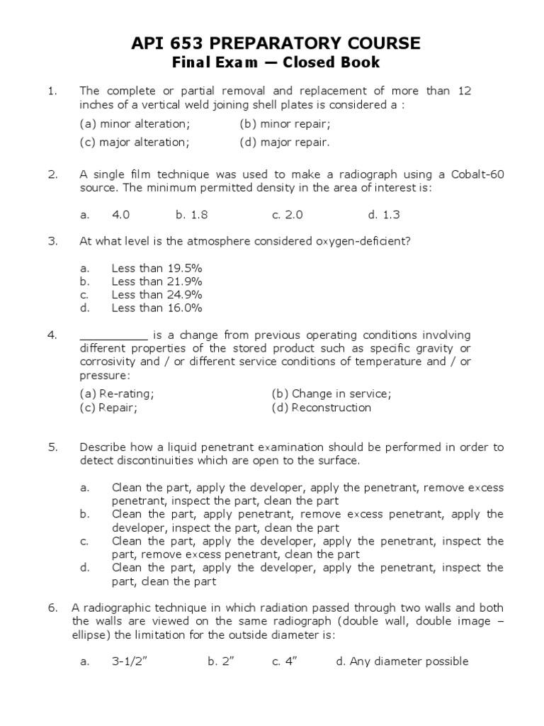 Api 653 Preparatory Course: Final Exam - Closed Book | PDF ...