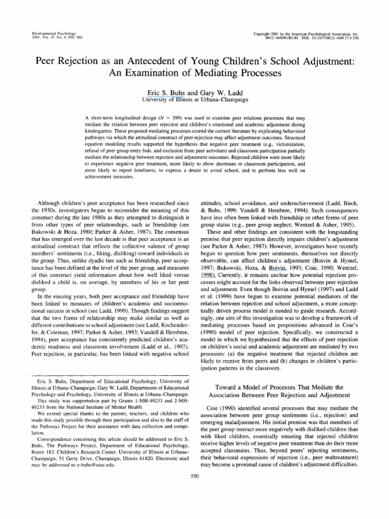 Buhs, Ladd - 2001 - Peer Rejection As An Antecedent of Young Children's ...
