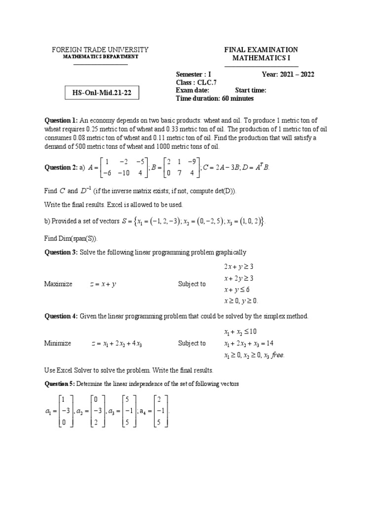 Midterm 2021-2022 CLC.7 | PDF | Linear Programming | Linear Algebra