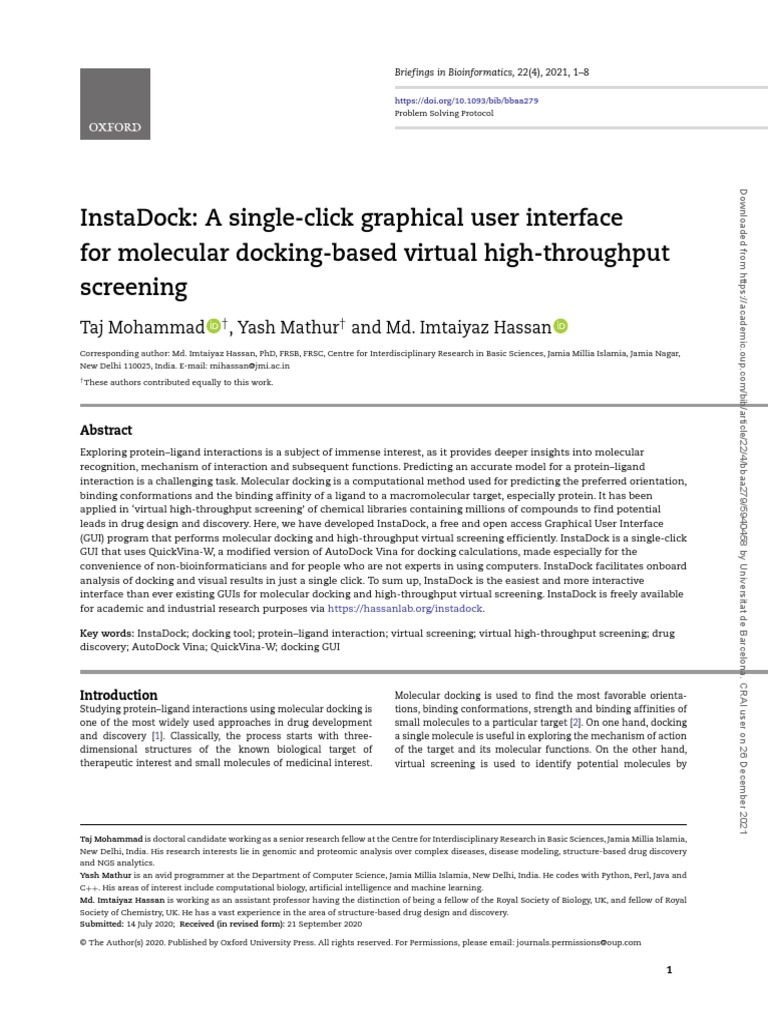 Instadock: A Single-Click Graphical User Interface For Molecular ...
