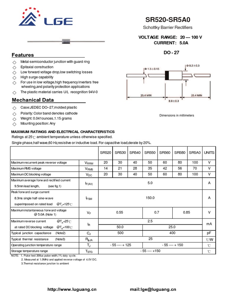 SR520-SR5A0: Schottky Barrier Rectifiers | PDF | Rectifier | Capacitor
