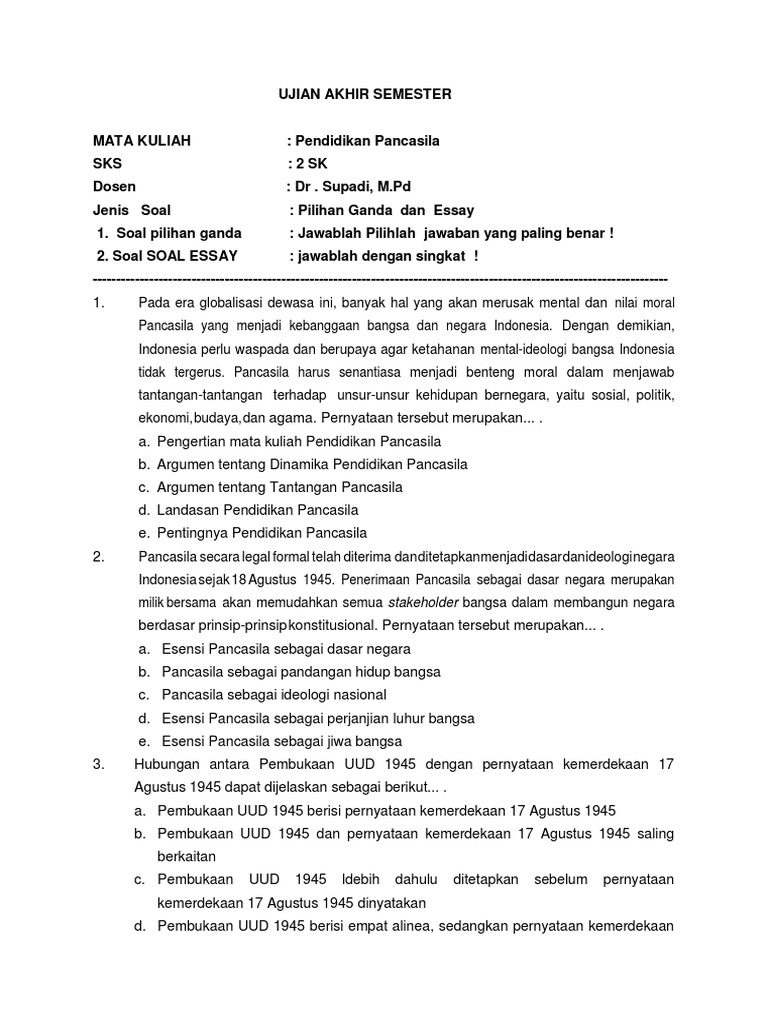 Soal Uas Pancasila Supadi Edisi Revisi 2021 | PDF