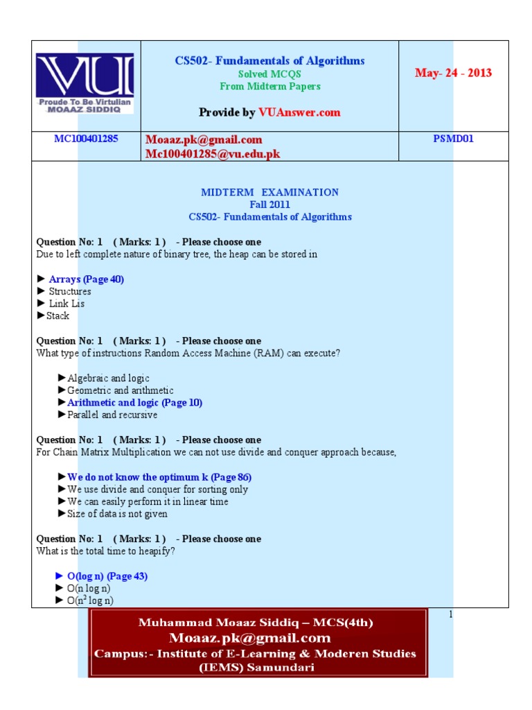 CS502 Midterm Solved Mcqs With References by Moaaz | PDF | Time Complexity | Computer Programming