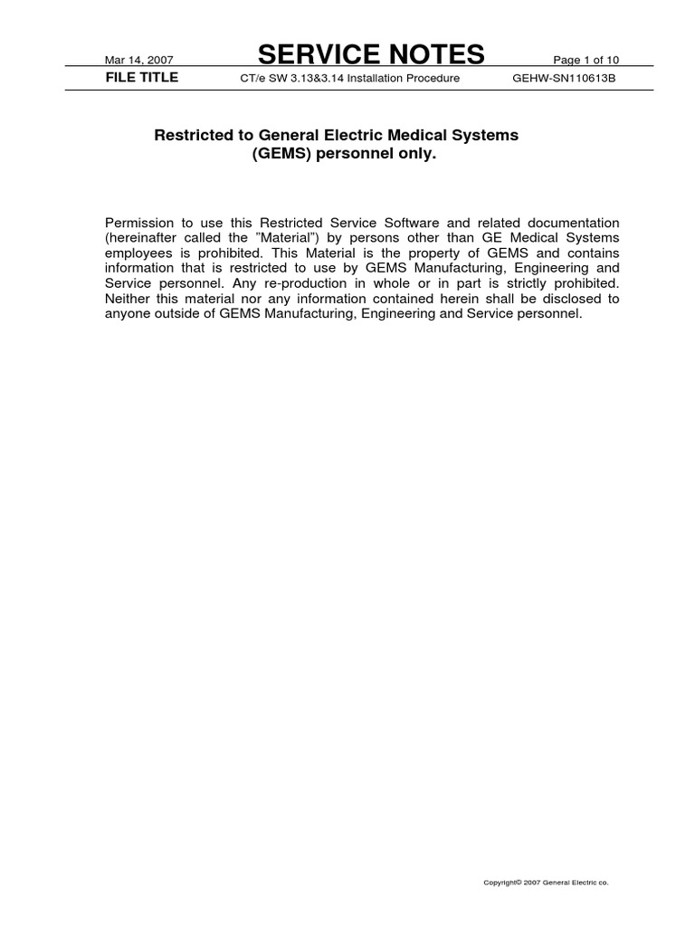 Service Notes: Restricted To General Electric Medical Systems (GEMS ...