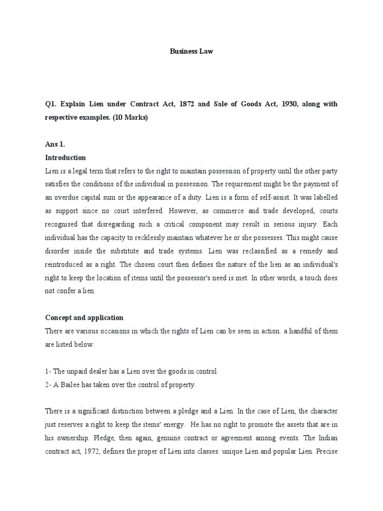 Q1. Explain Lien Under Contract Act, 1872 and Sale of Goods Act, 1930 ...