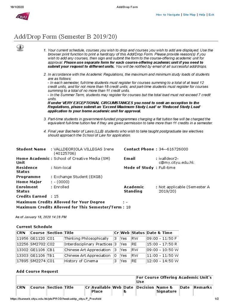 Add/Drop Form (Semester B 2019/20) : As of January 18, 2020 14:28 PM ...